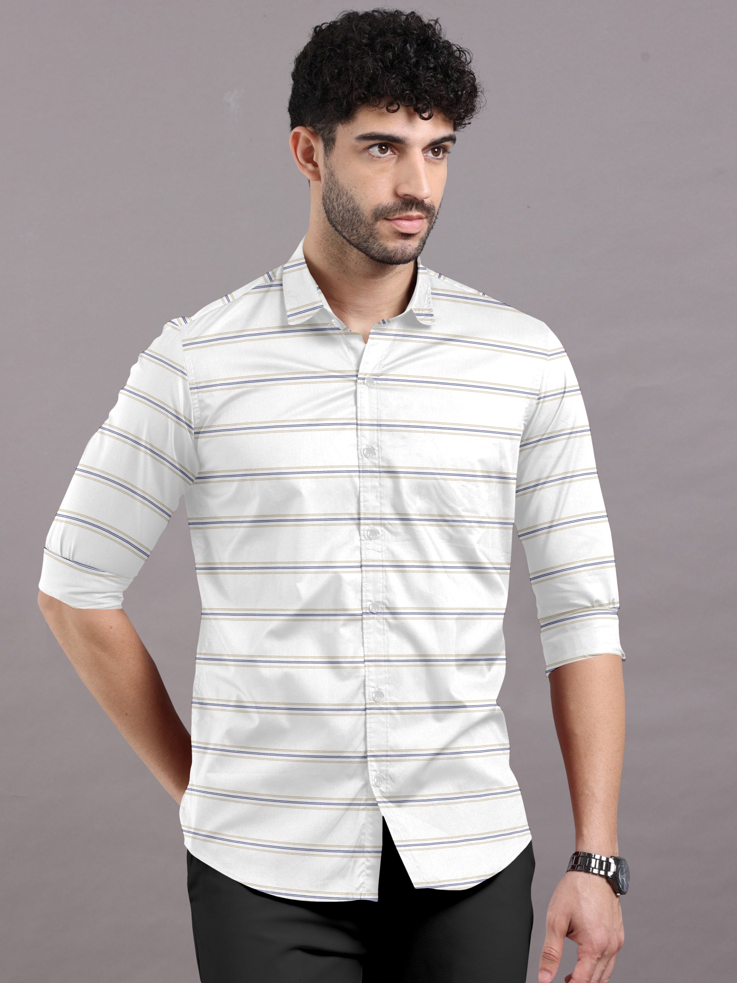 Horizontal Striped Shirt With Spread Collar